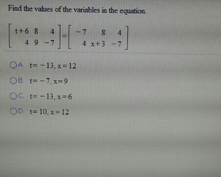 Solved Find the values of the variables in the equation. t | Chegg.com