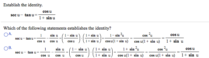Solved Establish the identity. cos u secu tanu- 1sin u Which | Chegg.com