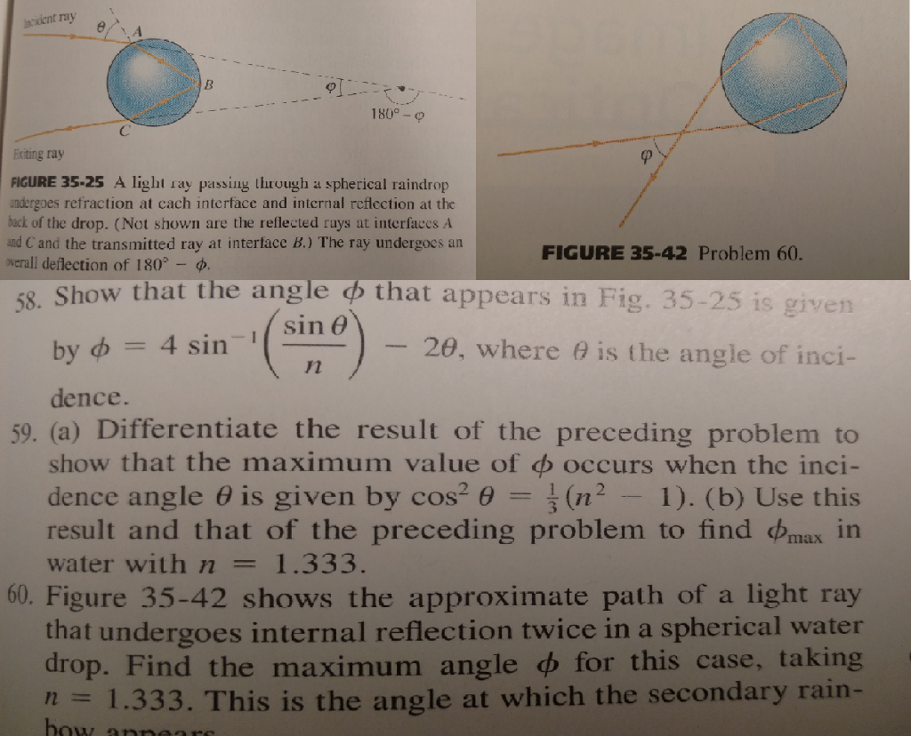 Solved A light ray passing through a spherical raindrop | Chegg.com
