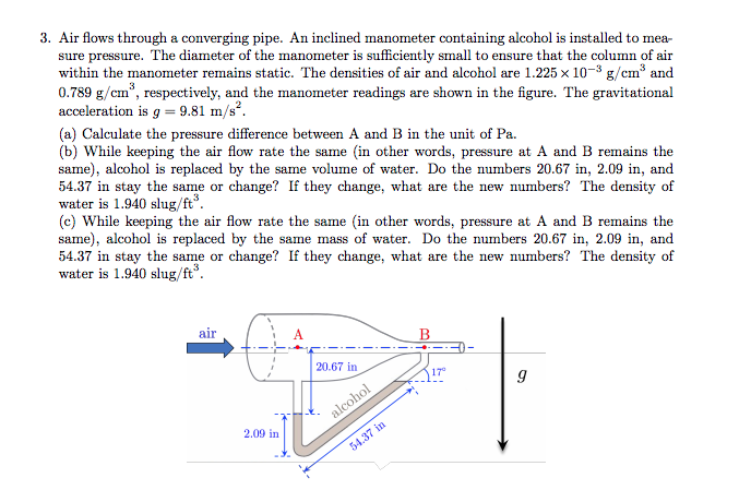 Solved 3. Air flows through a converging pipe. An inclined | Chegg.com
