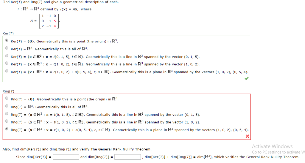Solved Find Ker(T) and Rng(T) and give a geometrical | Chegg.com