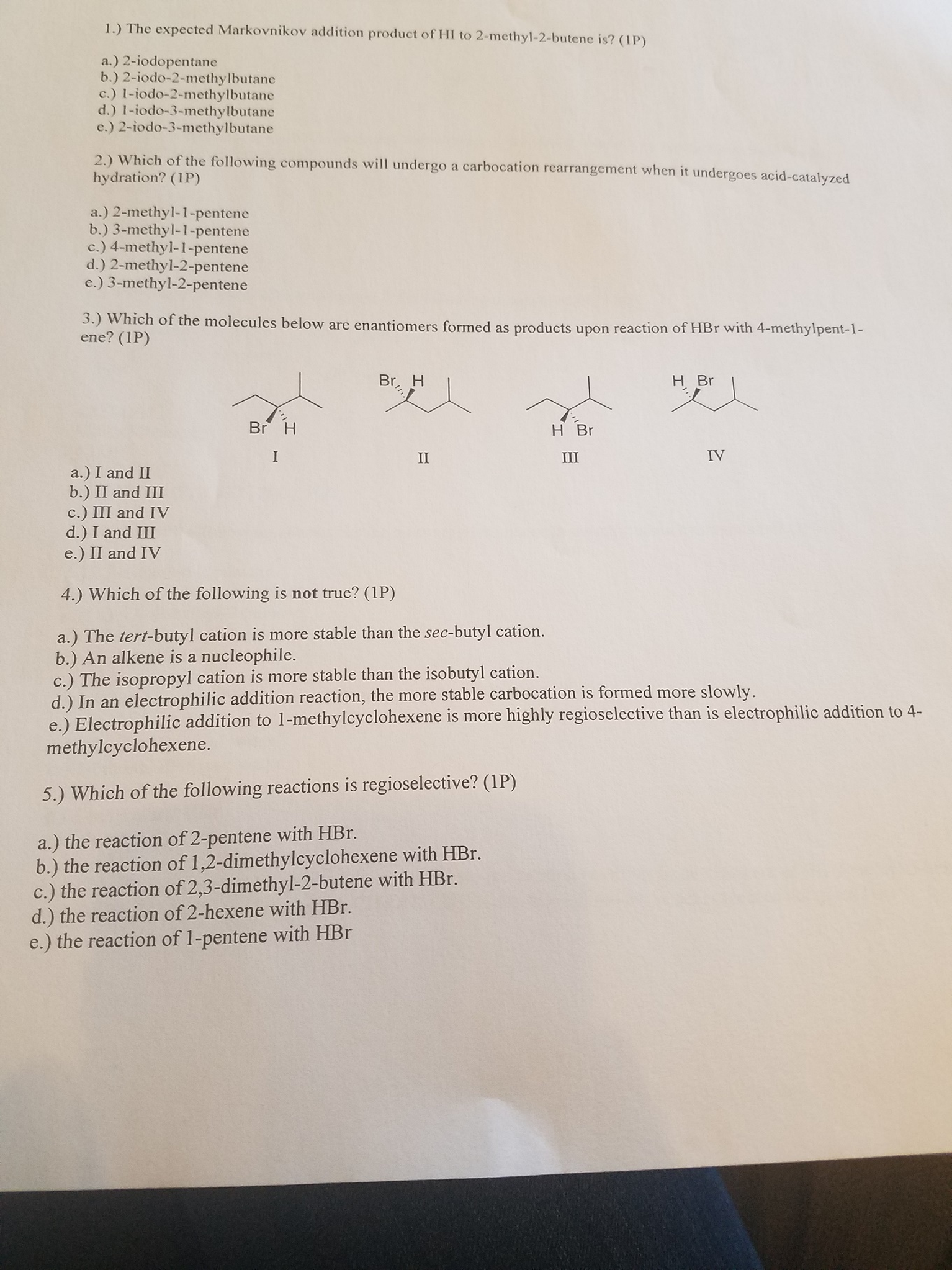 Solved The expected Markovnikov addition product of HI to 2 | Chegg.com