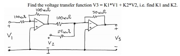 Solved Find the voltage transfer function V3 = K1*V1 + | Chegg.com