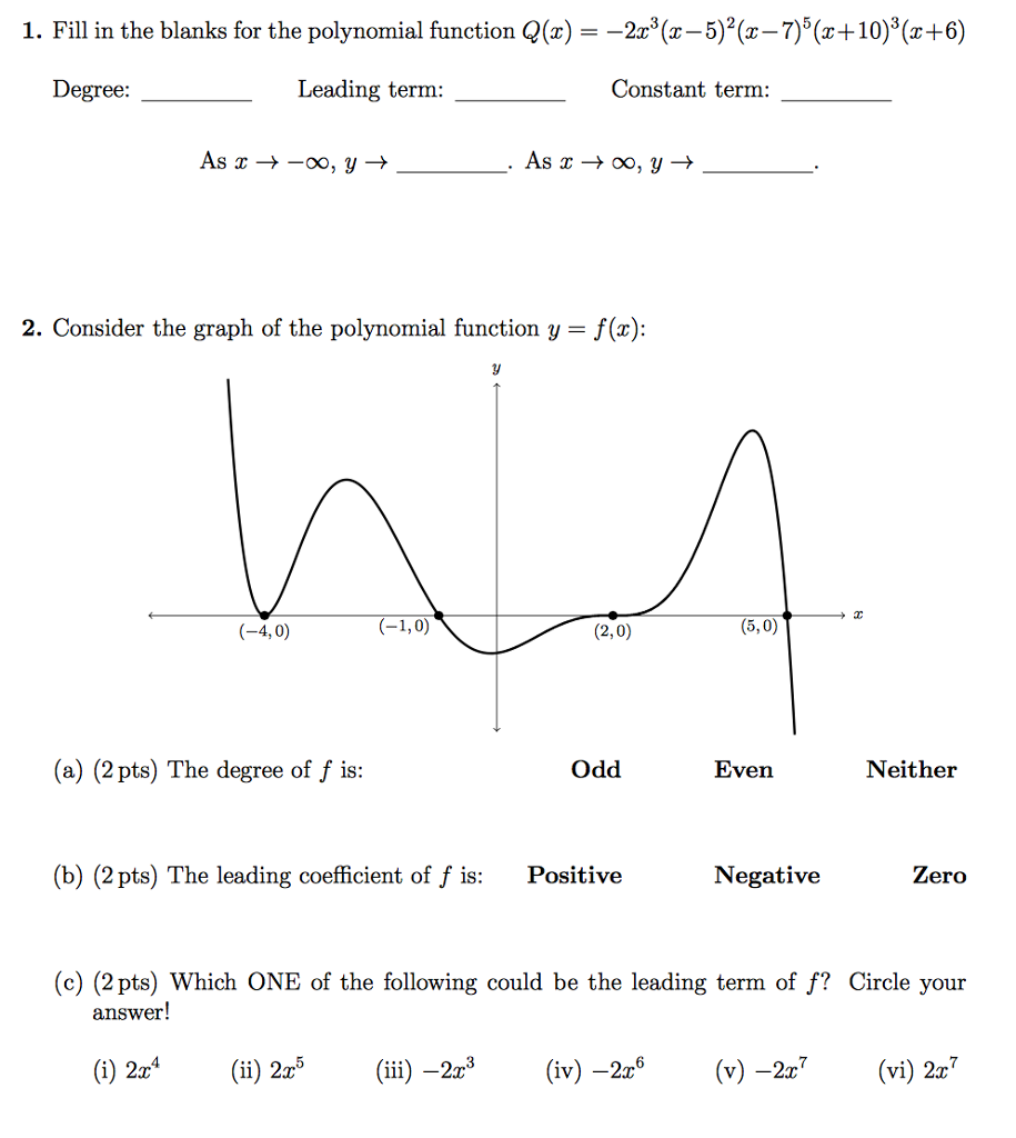 Solved 1. Fill in the blanks for the polynomial function | Chegg.com