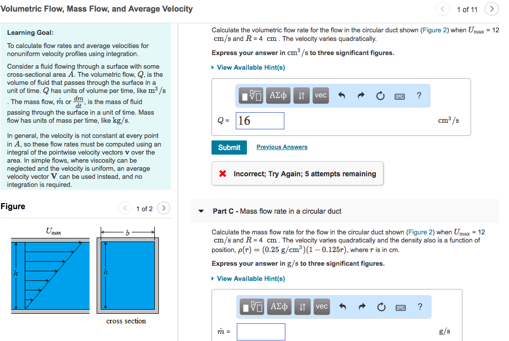 Solved Volumetric Flow, Mass Flow, and Average Velocity 10f | Chegg.com