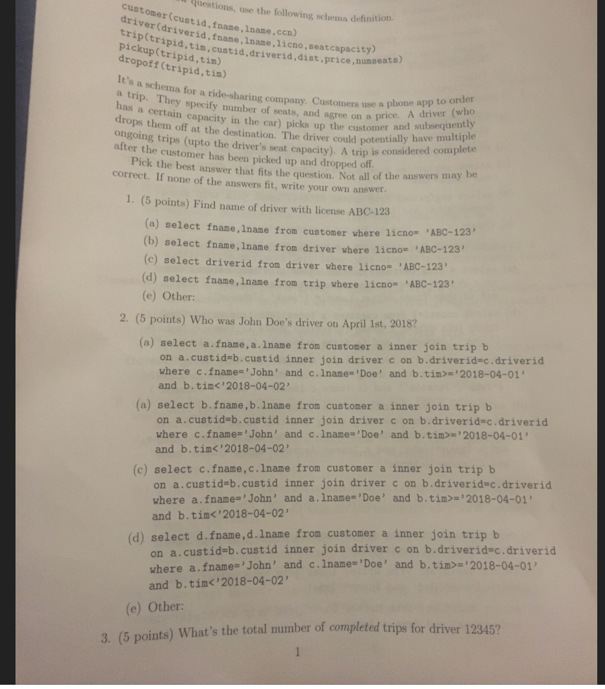 Solved questions, use the following schema definition. | Chegg.com