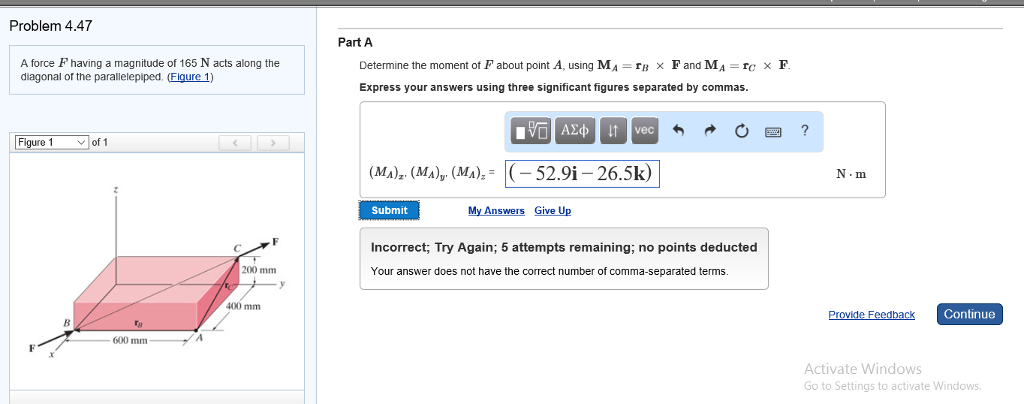 Solved A Force F Having A Magnitude Of 165 N Acts Along The