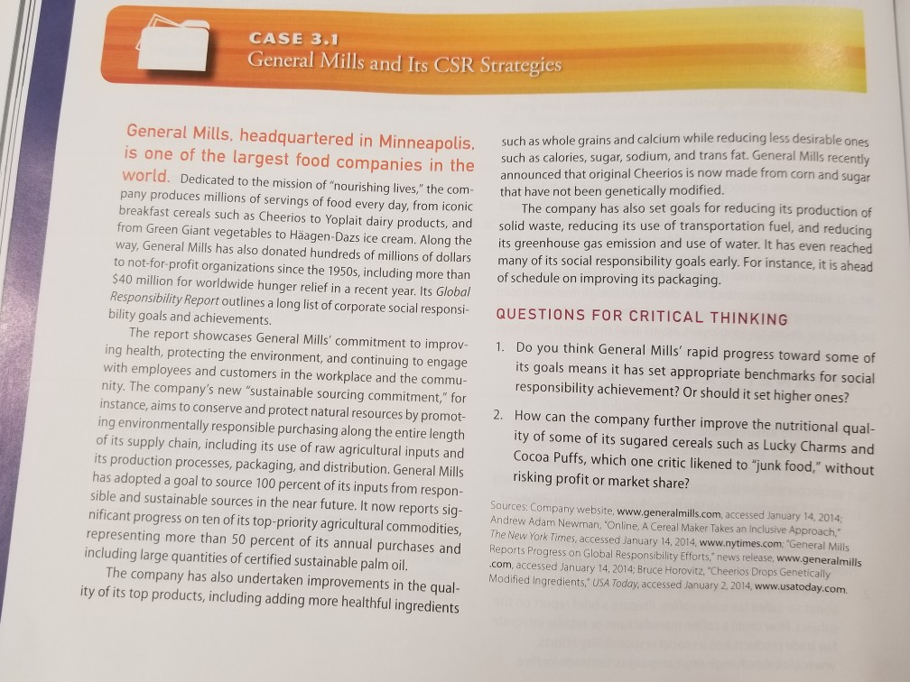 Solved CASE 3.1 General Mills and Its CSR Strategies calcium | Chegg.com