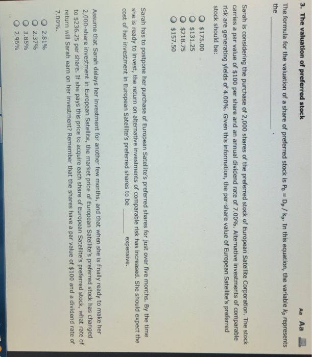 Solved The formula for the valuation of a share of preferred | Chegg.com