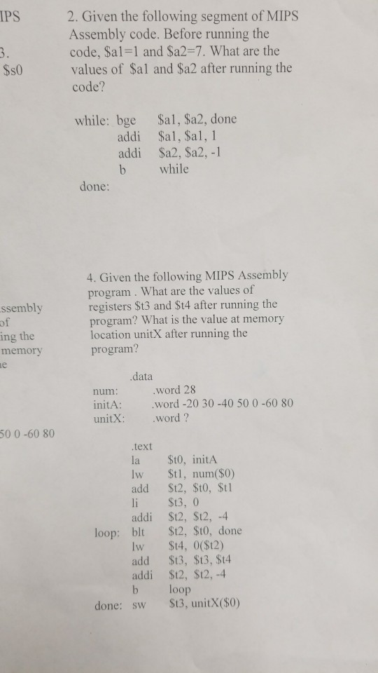Solved 2. Given the following segment of MIPS Assembly code. | Chegg.com