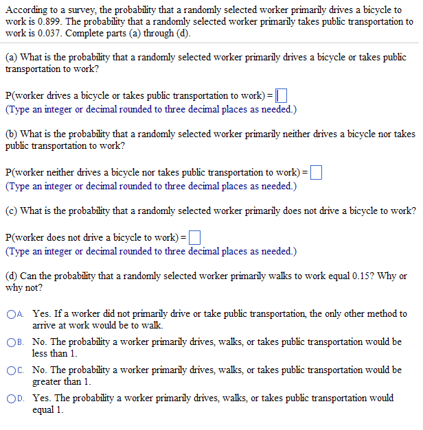 Solved Statistics Probability of public transportation | Chegg.com