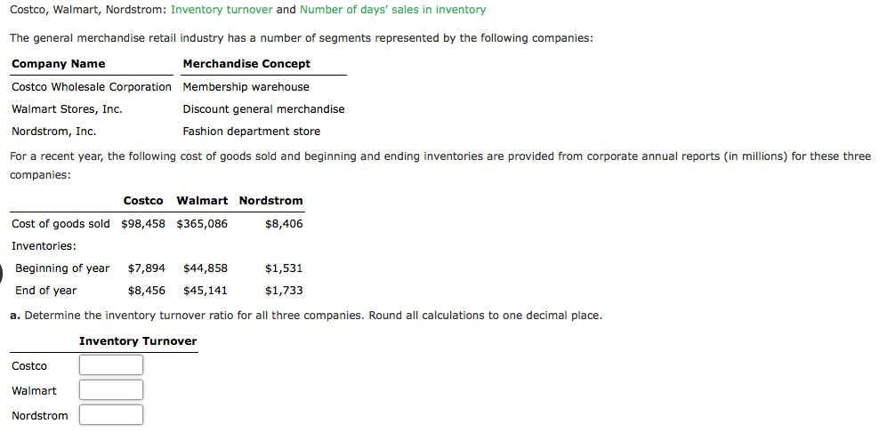 Solved Costco, Walmart, Nordstrom: Inventory turnover and | Chegg.com