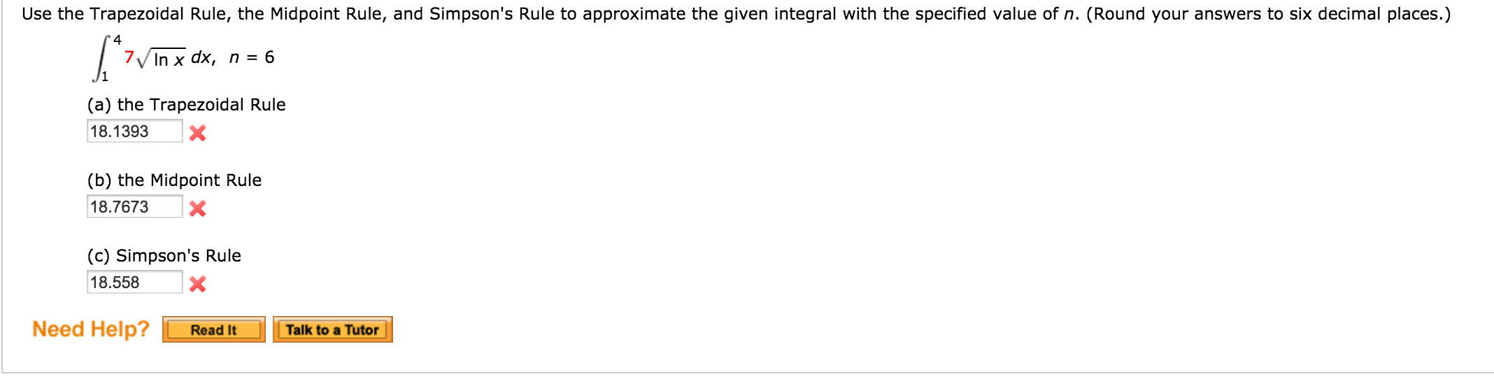Solved integral 1 to 4 7*sqrt(lnx) dx ,n=6, using... | Chegg.com