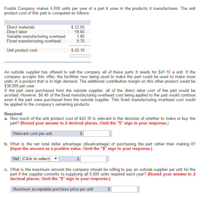Solved Foulds Company makes 5,000 units per year of a part | Chegg.com