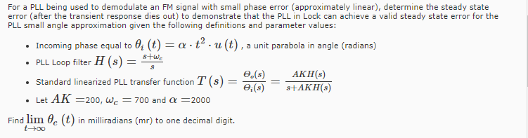 Solved For a PLL being used to demodulate an FM signal with | Chegg.com