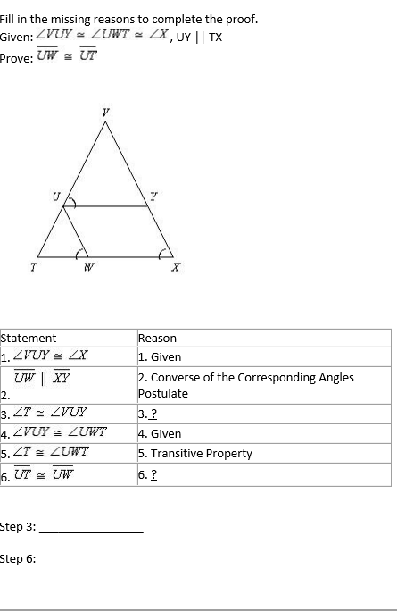 Solved Fill in the missing reasons to complete the proof. | Chegg.com