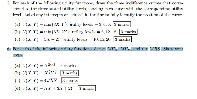 Draw Indifference Curves For The Following Utility Functions