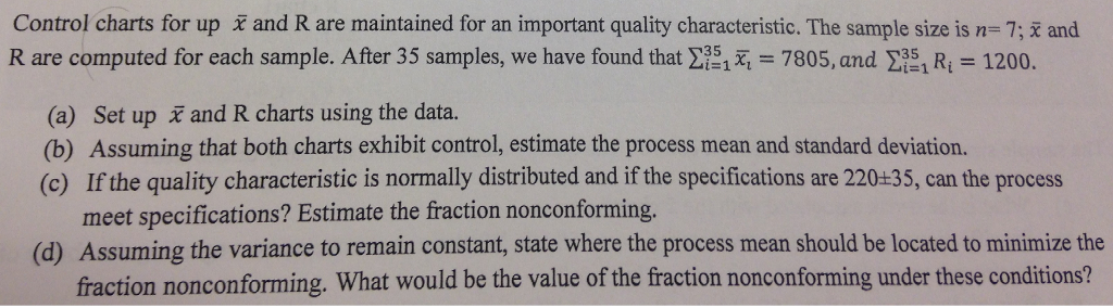 Solved Control charts for up x and R are maintained for an | Chegg.com