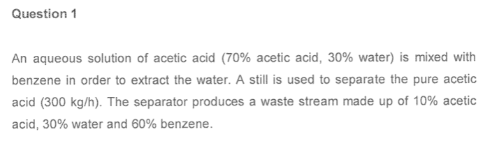 Solved Question 1 An aqueous solution of acetic acid (70% | Chegg.com