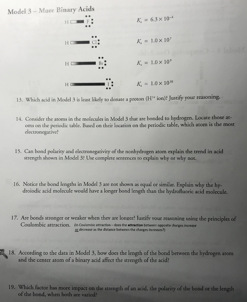 Solved Model 3 - More Binary Acids Ka-6.3x10-4 Cl: K, 1.0 x | Chegg.com