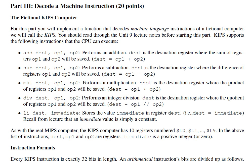 Part III: Decode a Machine Instruction (20 points) | Chegg.com