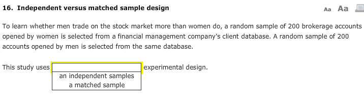 Solved 16. Independent versus matched sample design Aa Aa To | Chegg.com