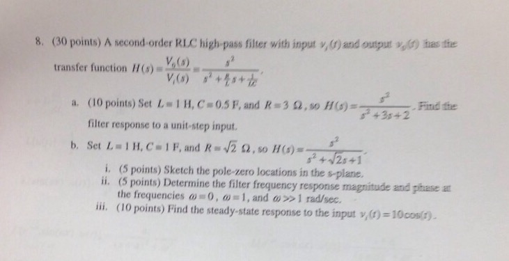 Solved 8. A second RLC high-pass filter with input v(t) and | Chegg.com