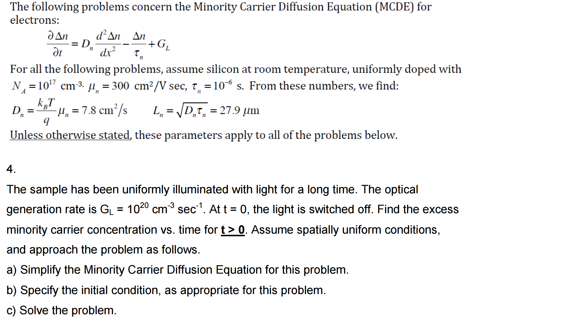 Solved The following problems concern the Minority Carrier | Chegg.com
