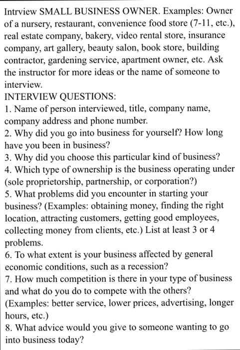Solved Intrview SMALL BUSINESS OWNER. Examples: Owner of a | Chegg.com