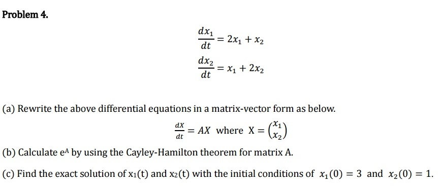 Solved Problem 4. dx1/dt = 2x1 + x2 dx2/dt = x1 + 2x2 (a) | Chegg.com