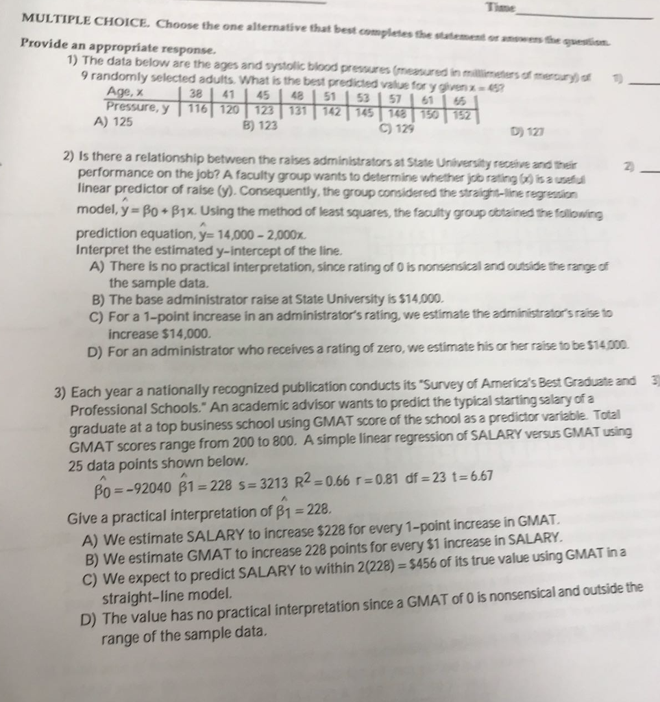 Solved Time MULTIPLE CHOICE· Choose the one alternative that | Chegg.com