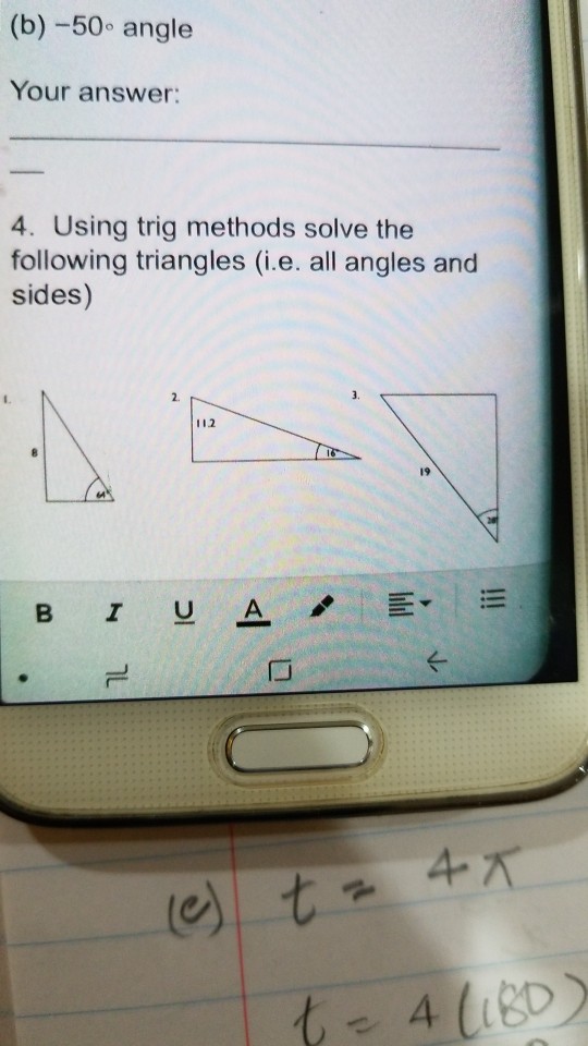 Solved (b)-50o angle Your answer 4. Using trig methods solve | Chegg.com
