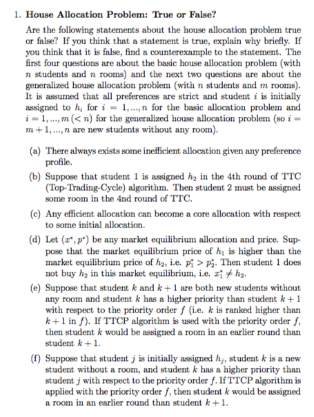 1. House Allocation Problem: True or False Are the | Chegg.com