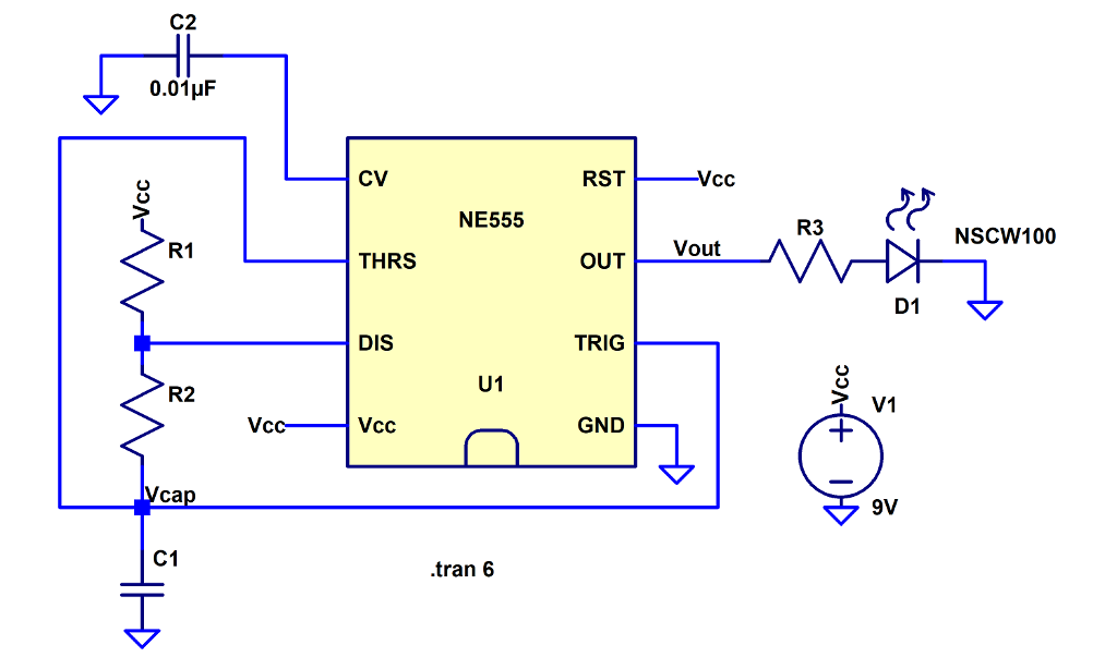 Solved C2 0.01uF CV RST Vcc NE555 R3 NSCW100 R1 THRS | Chegg.com