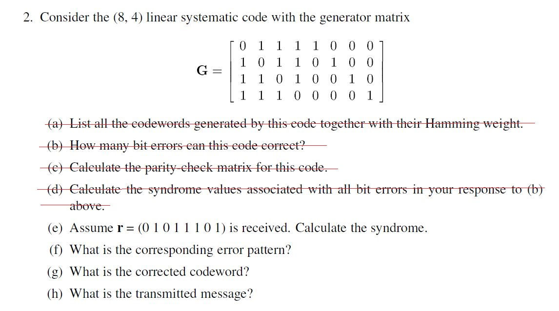 Solved 2. Consider the (8, 4) linear systematic code with | Chegg.com