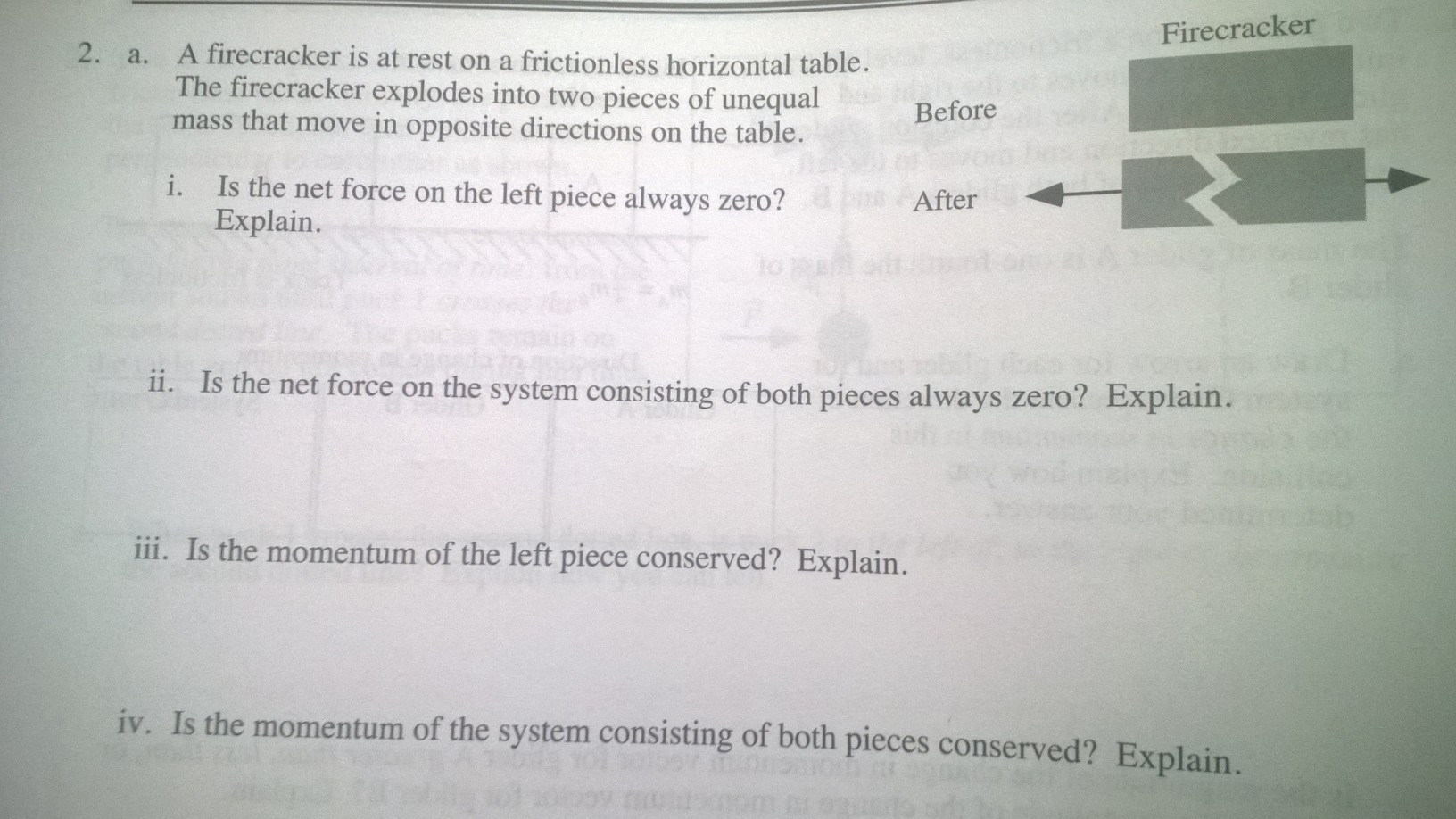 Solved 2. a. A firecracker is at rest on a frictionless | Chegg.com