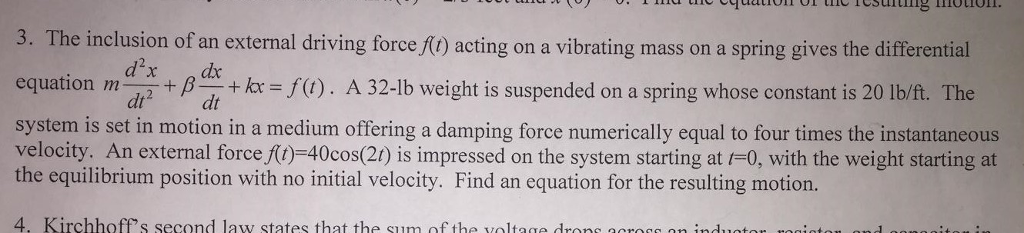 Solved The inclusion of an external driving force f(t) | Chegg.com