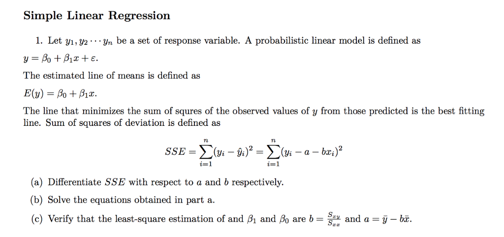 Solved Simple Linear Regression 1. Let i, y2n be a set of | Chegg.com