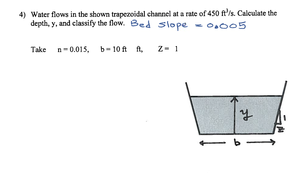 Solved 4) Water flows in the shown trapezoidal channel at a | Chegg.com