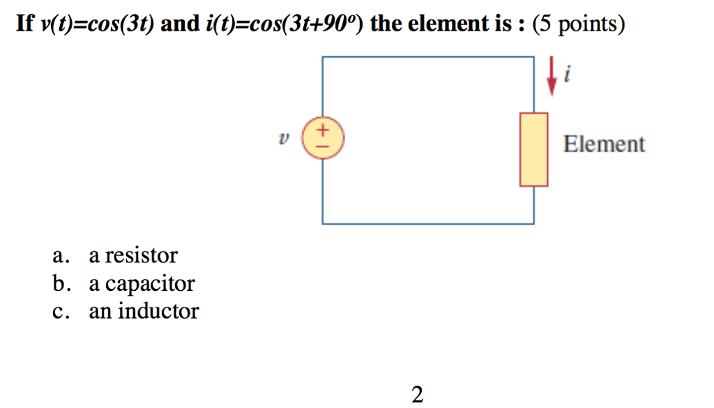 Solved If v(t)=cos(3t) and i(t)=cos(3t+90 degree) the | Chegg.com