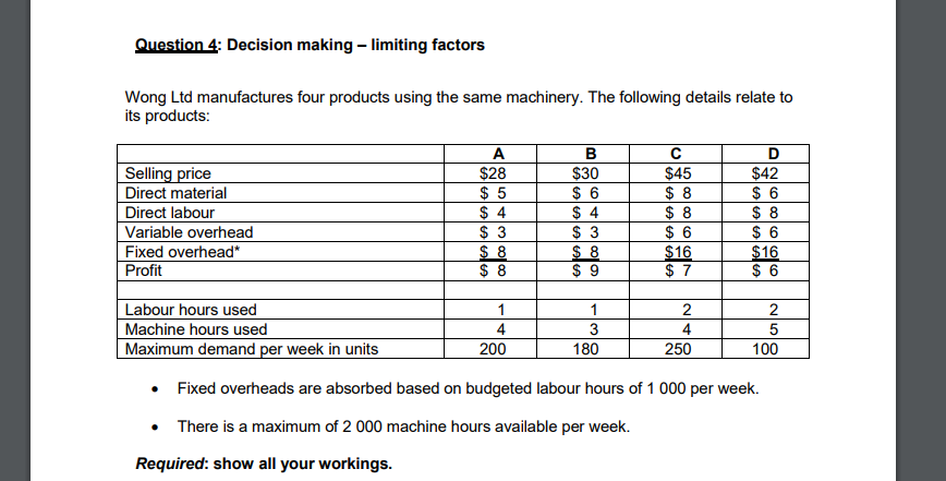 Solved Question 4: Decision making- limiting factors Wong | Chegg.com