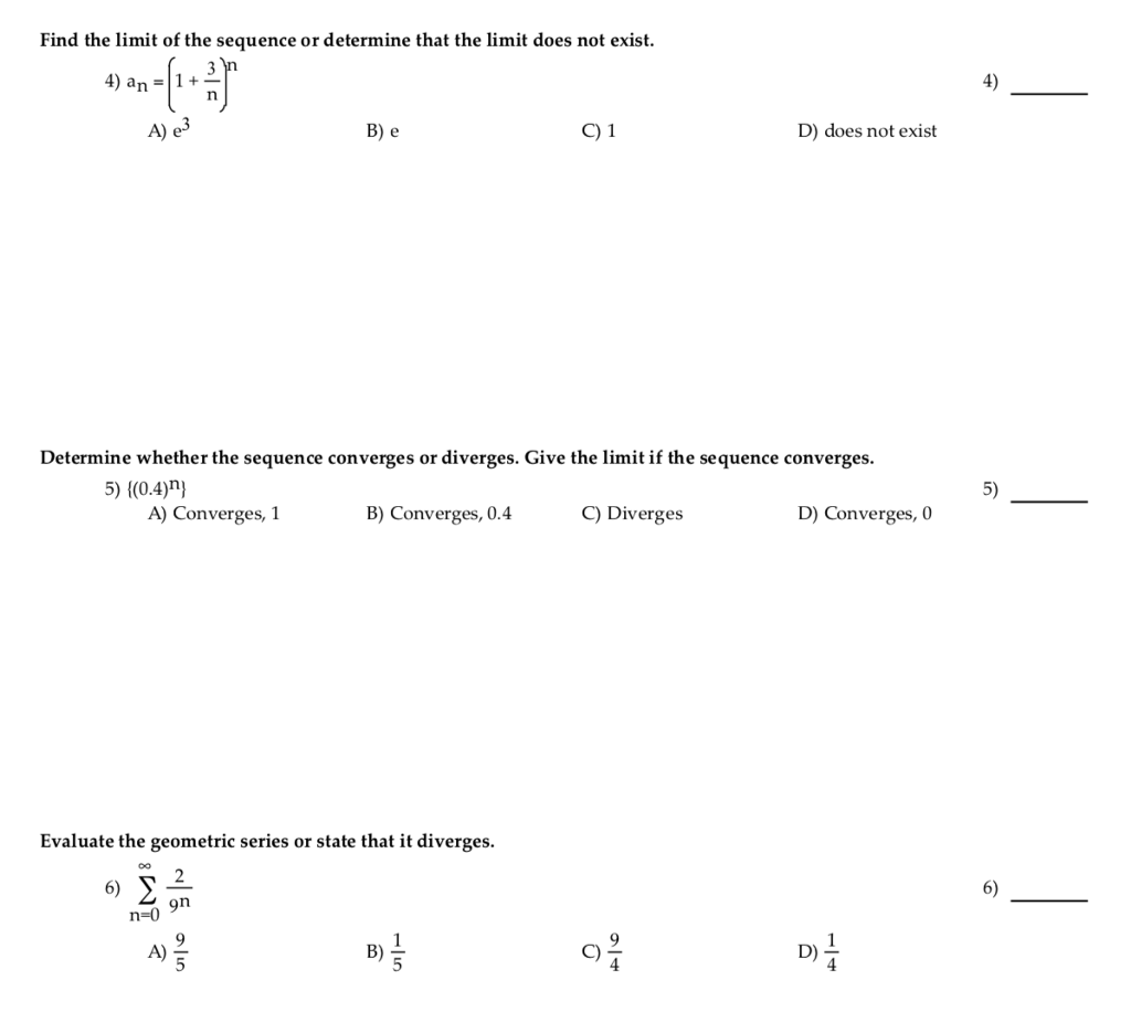 Solved Find The Limit Of The Sequence Or Determine That The 