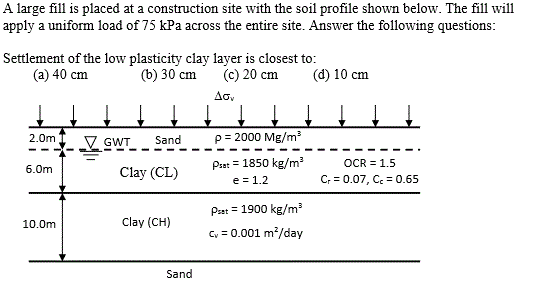 Solved A large fill is placed at a construction site with | Chegg.com