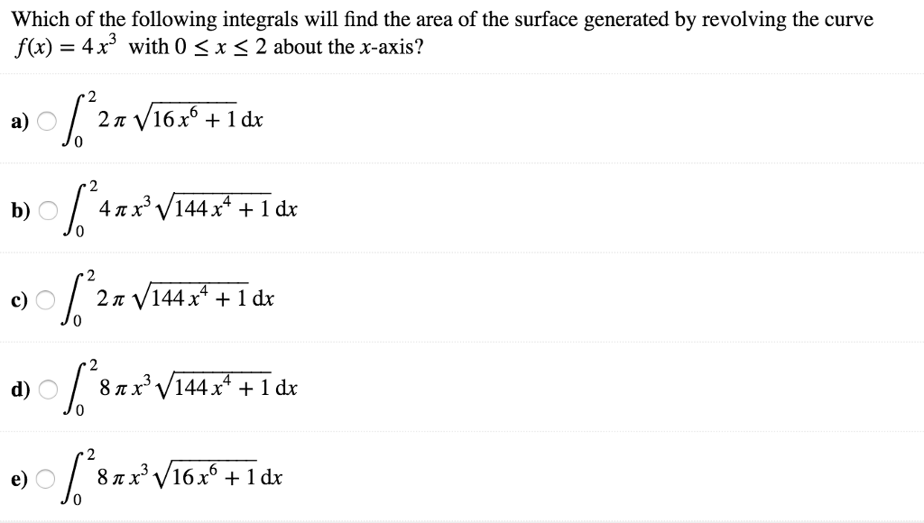 Solved Which of the following integrals will find the area | Chegg.com
