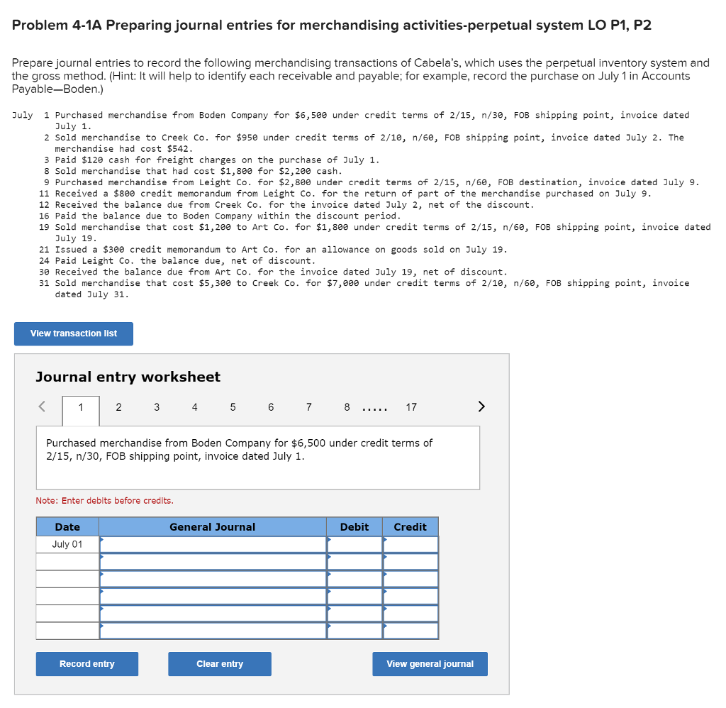 Solved Problem 4-1A Preparing journal entries for | Chegg.com
