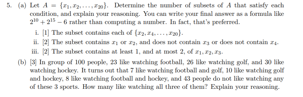 Solved 5. (a) Let A {x1,x2, ,x20). Determine the number of | Chegg.com