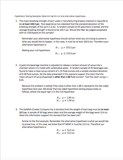Solved Hypothesis Testing Examples: Determining the null and | Chegg.com