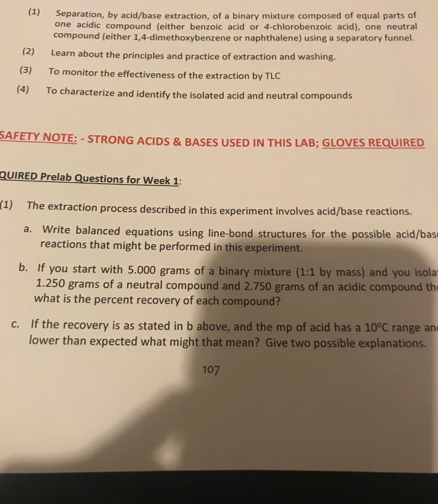 Solved () Separation, by acid/base extraction, of a binary | Chegg.com