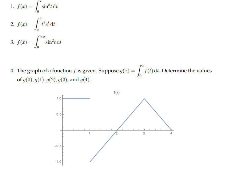 Solved 1. f()sin tdt 0 .2 In z 3. f(x)- si?tdt 4. The graph | Chegg.com