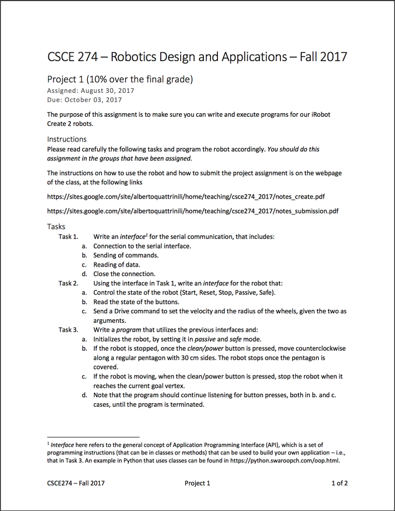 CSCE 274-Robotics Design and Applications-Fall 2017 | Chegg.com